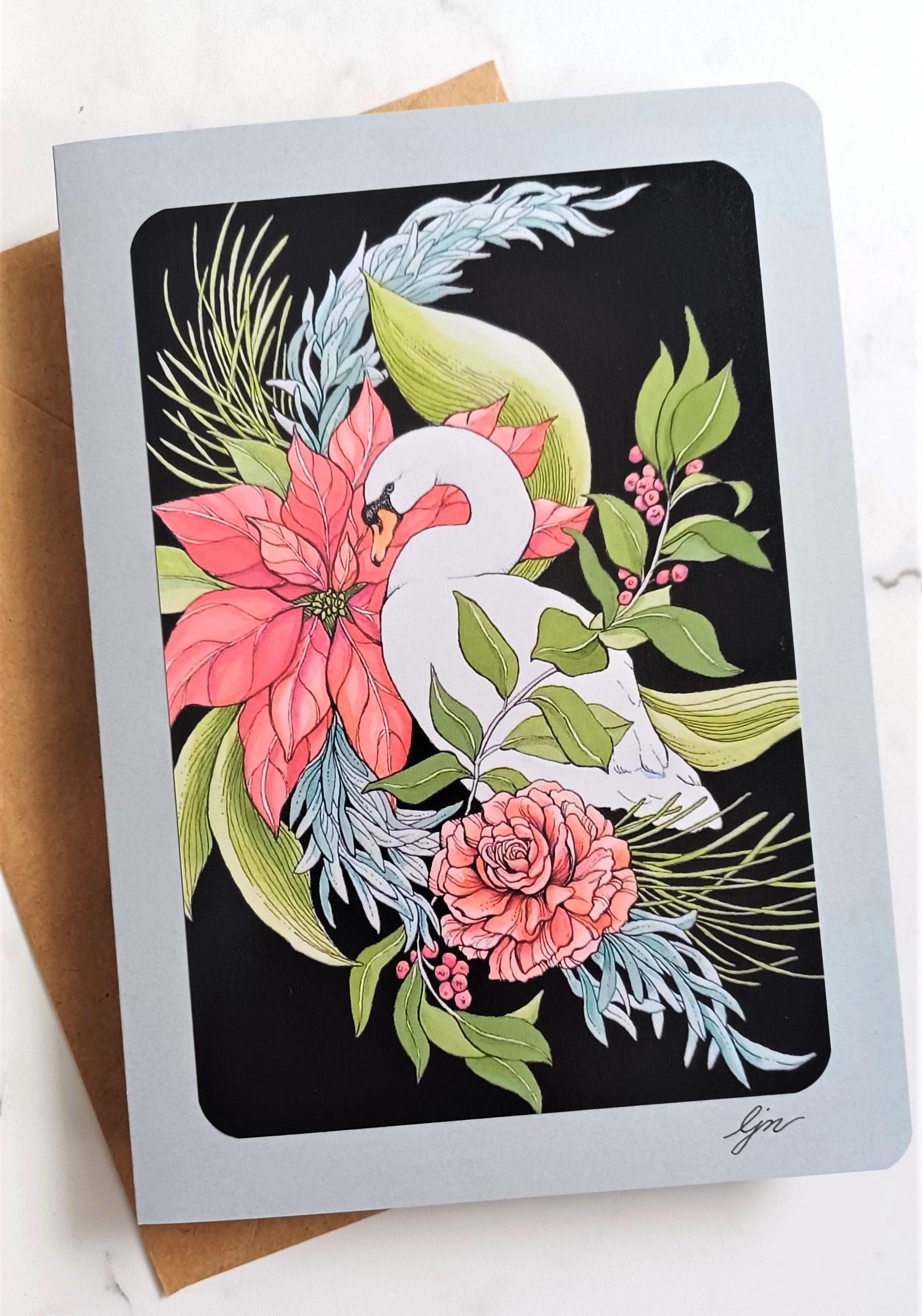 Swan Card / 5x7 Blank Card / Bird Art Card / Christmas Swan / White ...