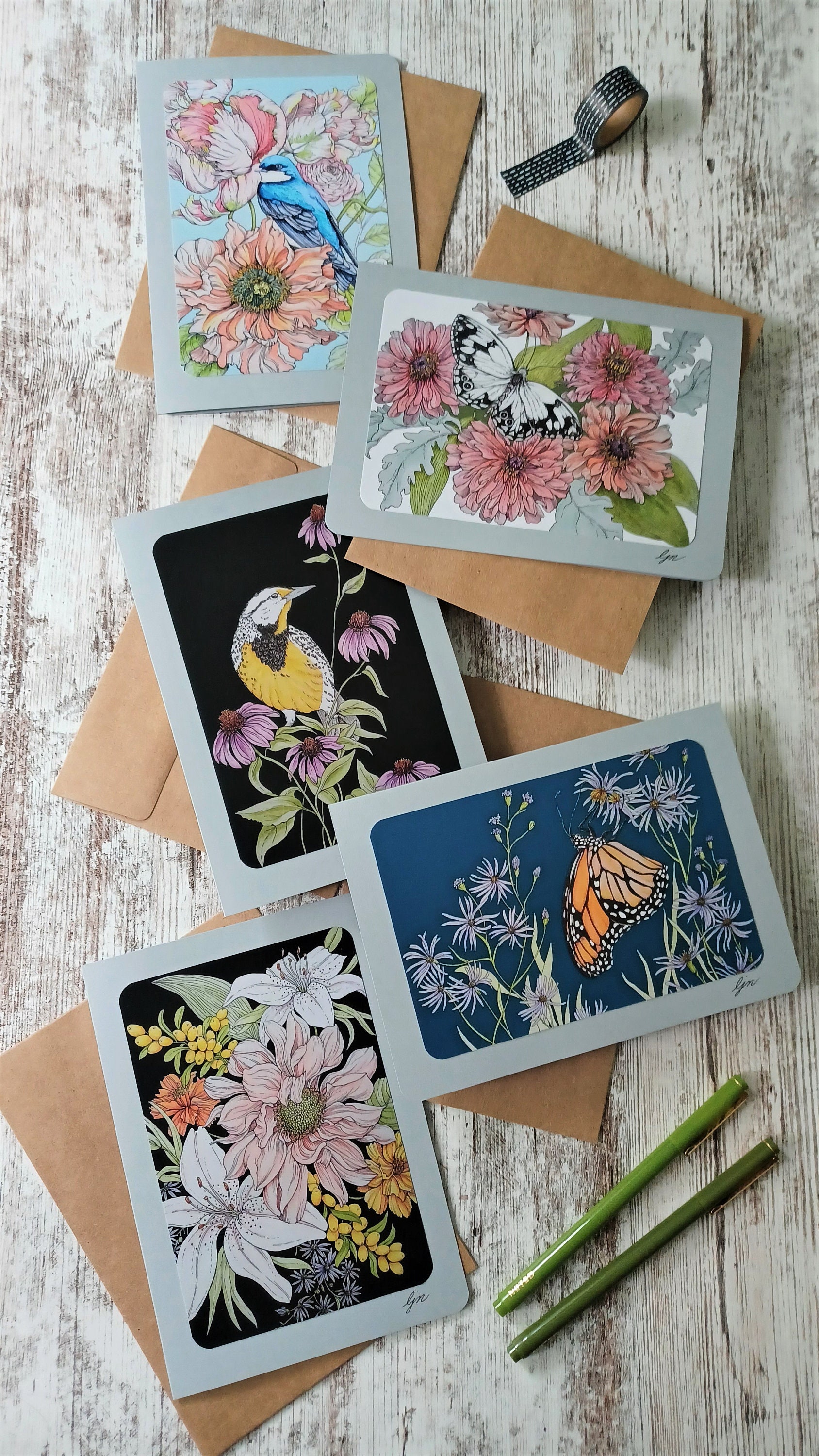 Nature Card Set / 5x7 Blank Cards / Birds & Butterflies Art - Etsy