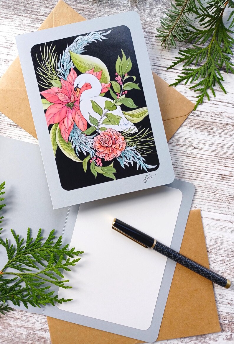 Swan Card / 5x7 Blank Card / Bird Art Card / Christmas Swan / White ...