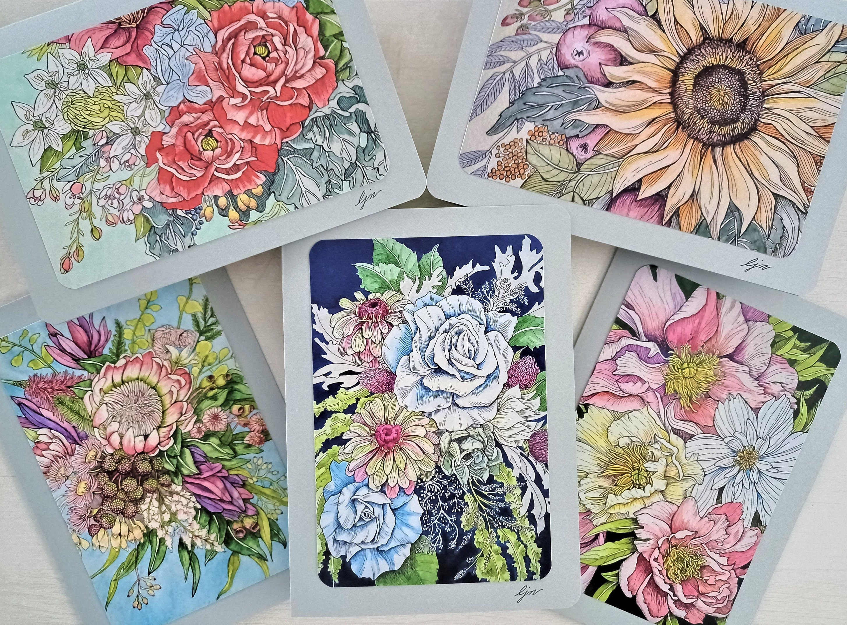 Watercolor Floral Card Set, Handmade Flower Cards, Set of 5 Cards, 5x7 ...