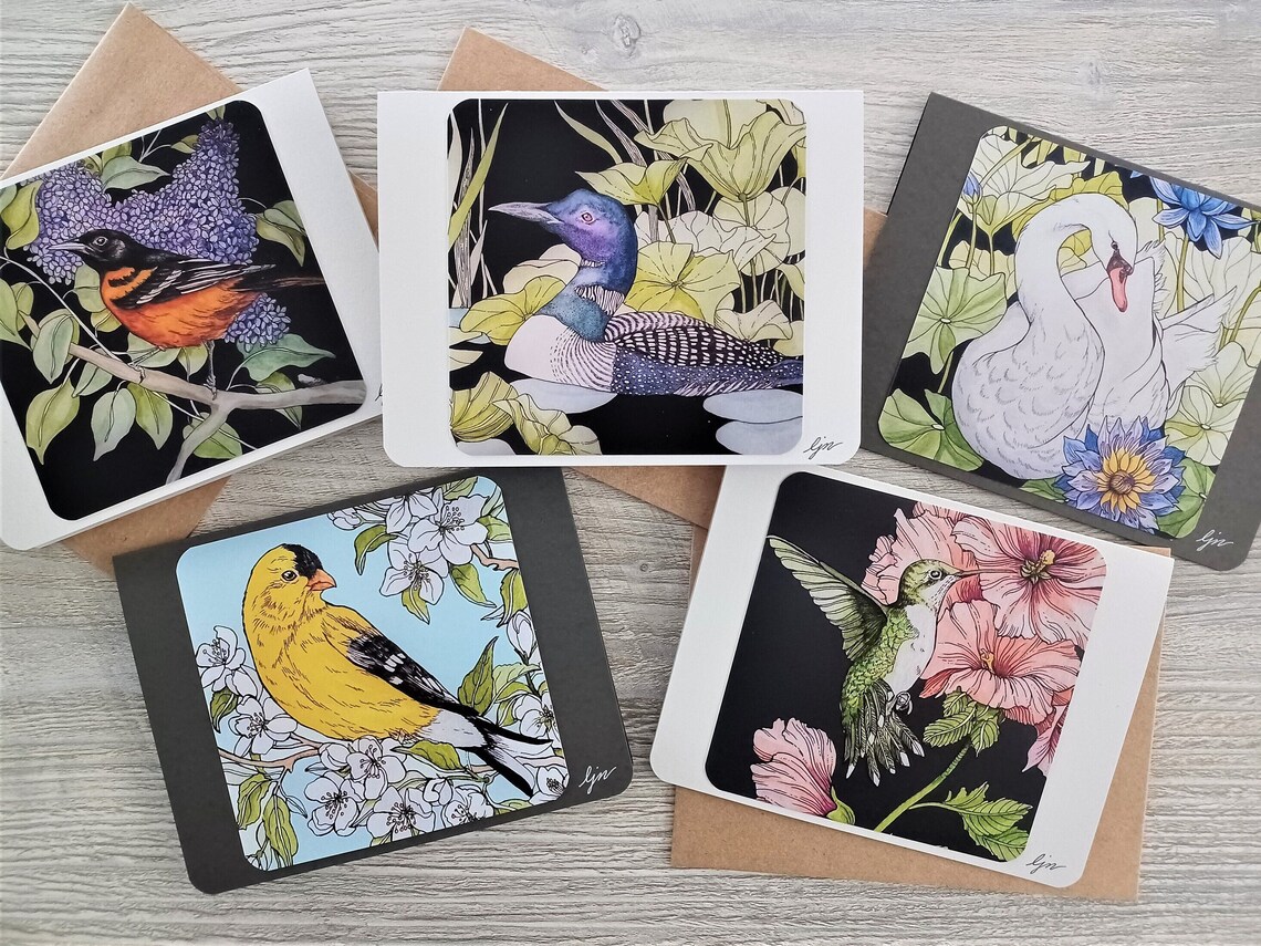 Watercolor Birds Note Card Set, Bird Art Note Cards, Set of 5 Blank ...