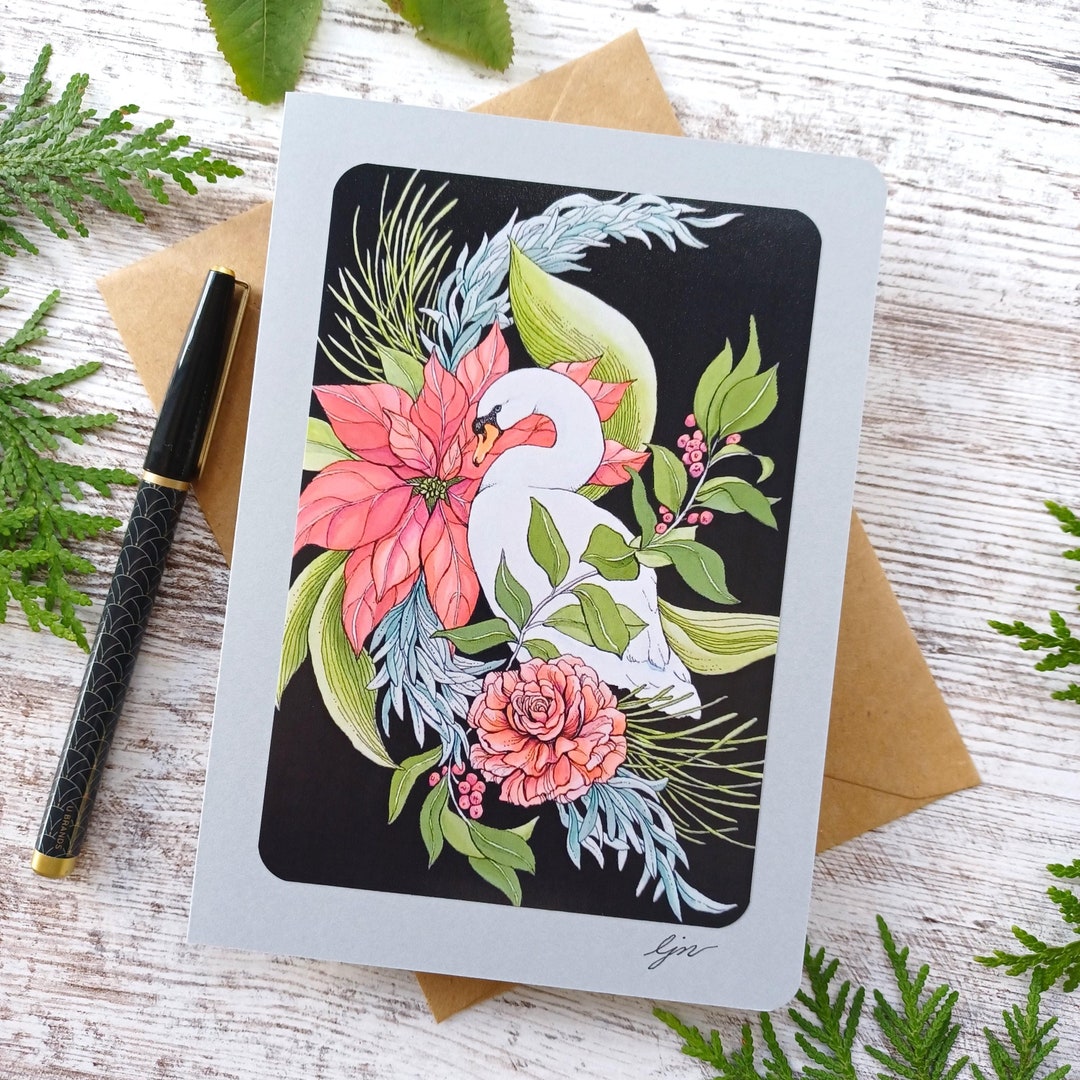 Swan Card / 5x7 Blank Card / Bird Art Card / Christmas Swan / White ...