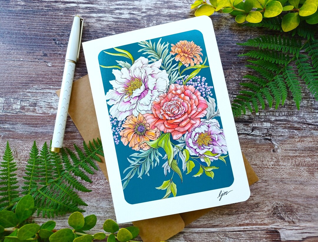 Watercolor Flowers Card, Handmade Floral Art Card, Flower Bouquet ...