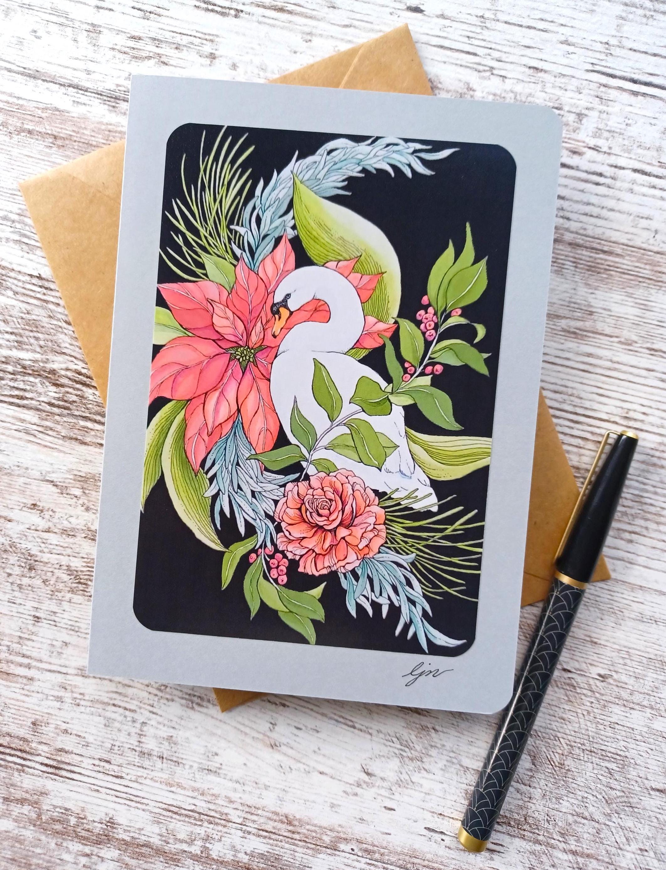 Swan Card / 5x7 Blank Card / Bird Art Card / Christmas Swan / White ...