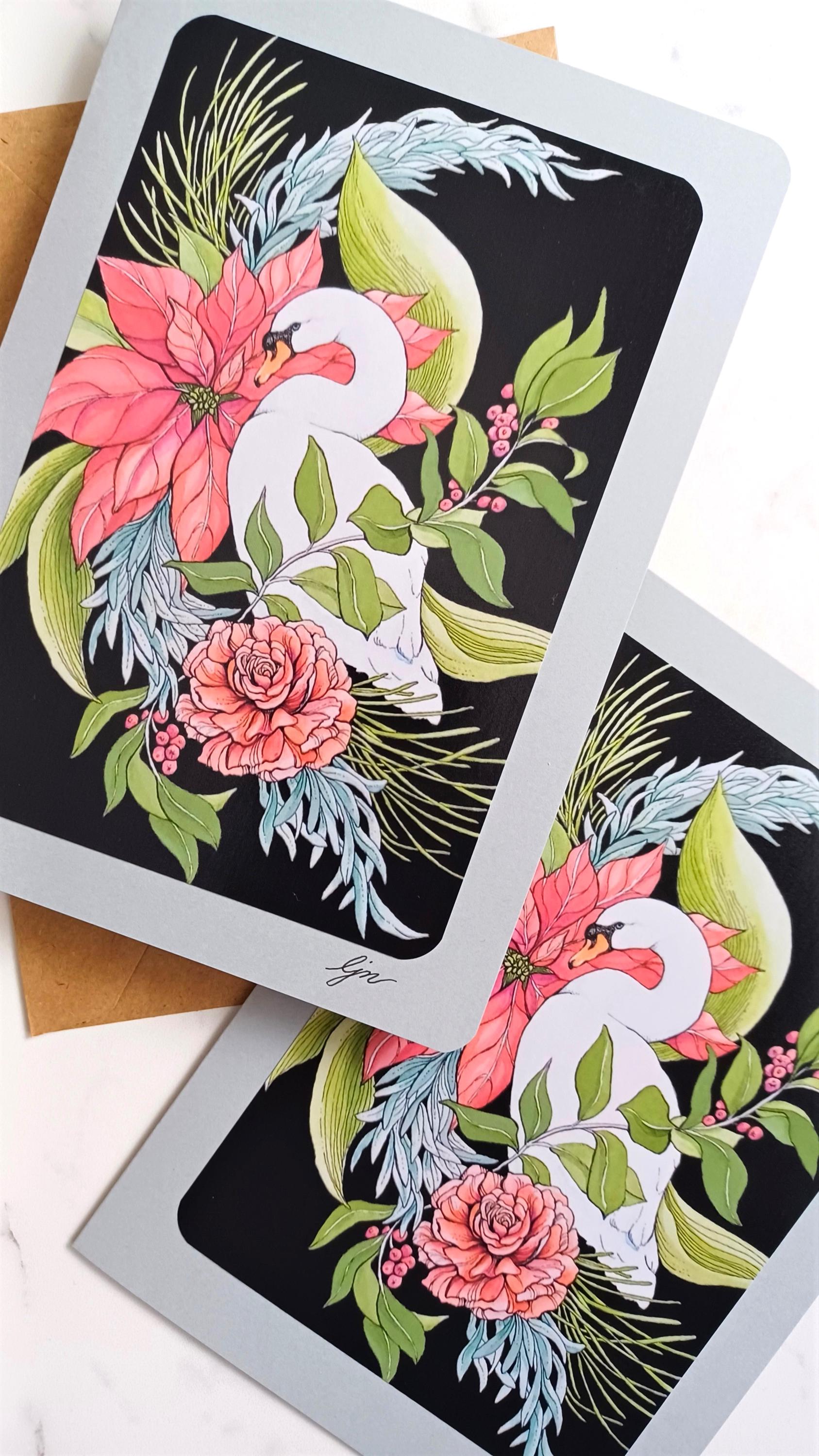 Swan Card / 5x7 Blank Card / Bird Art Card / Christmas Swan / White ...
