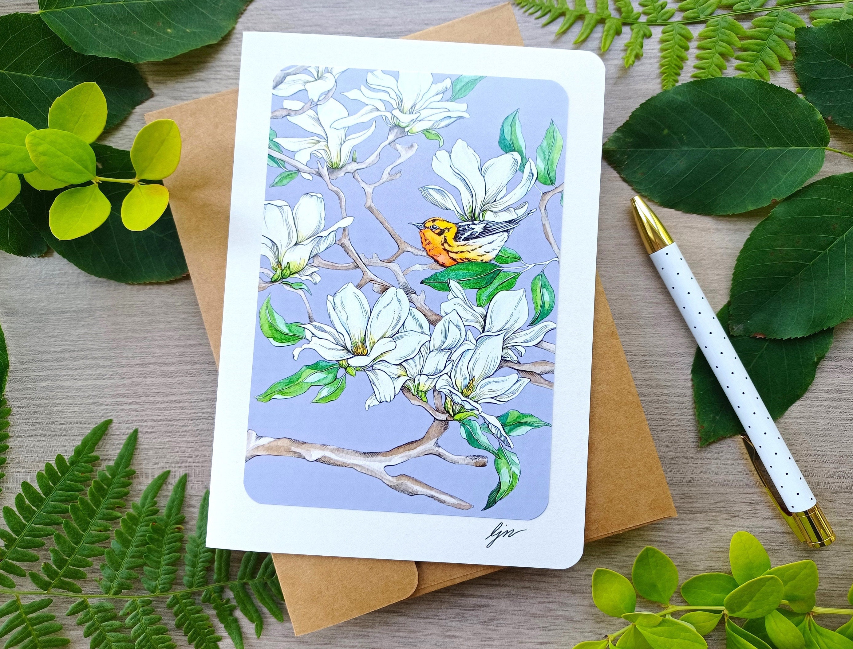 Watercolor Bird Card, Magnolia Flower Painting Card, Handmade 5x7 Card ...