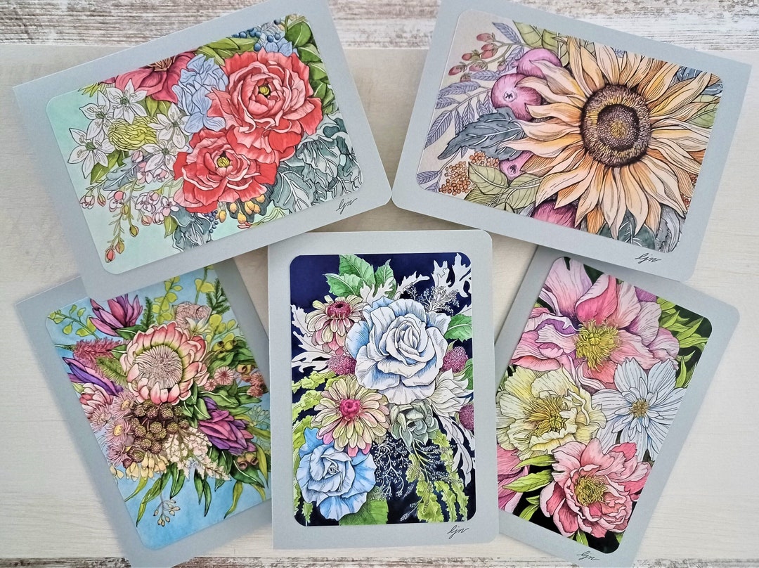 Watercolor Floral Card Set, Handmade Flower Cards, Set of 5 Cards, 5x7 ...