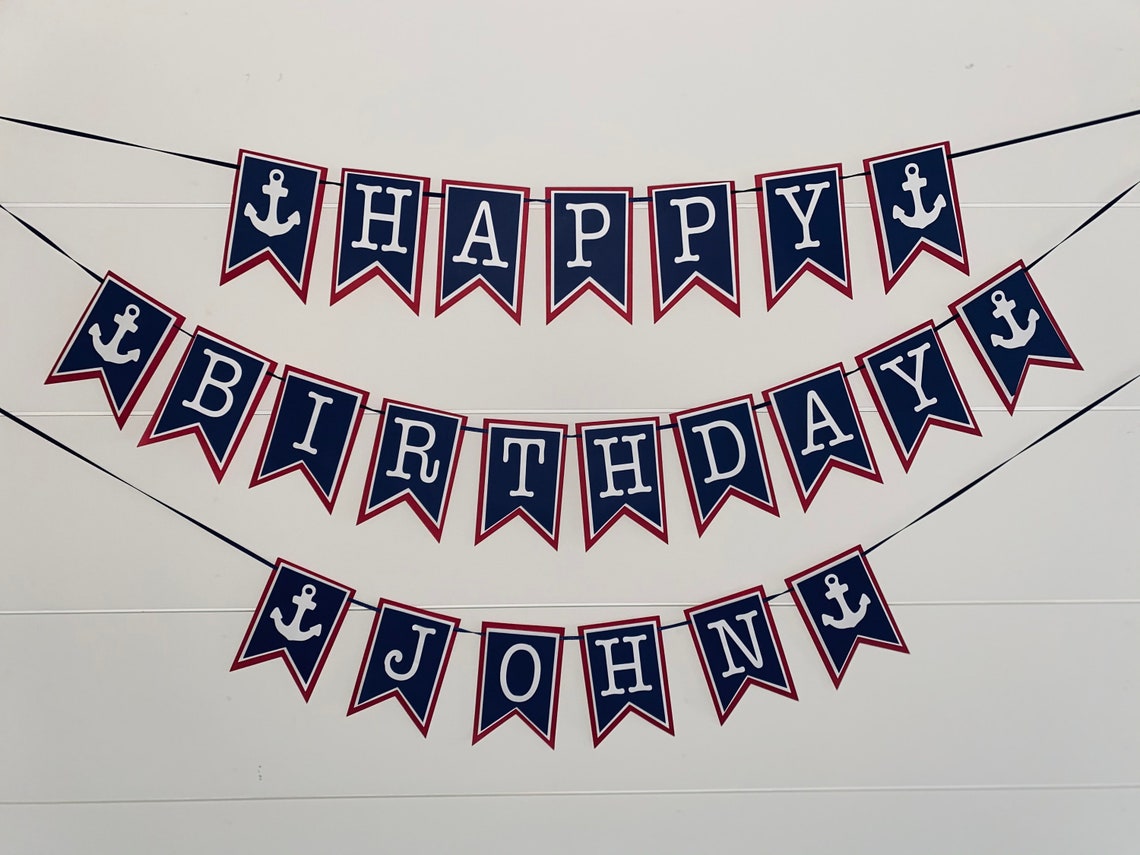 Nautical Happy Birthday NAME personalized banner anchors | Etsy