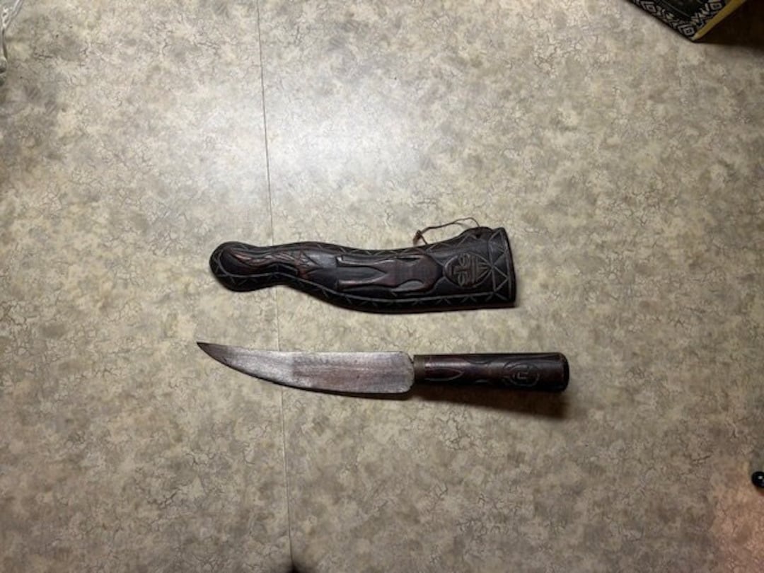 Vintage Hand Carved African Tribal Panga Style Knife With Wood Sheath ...