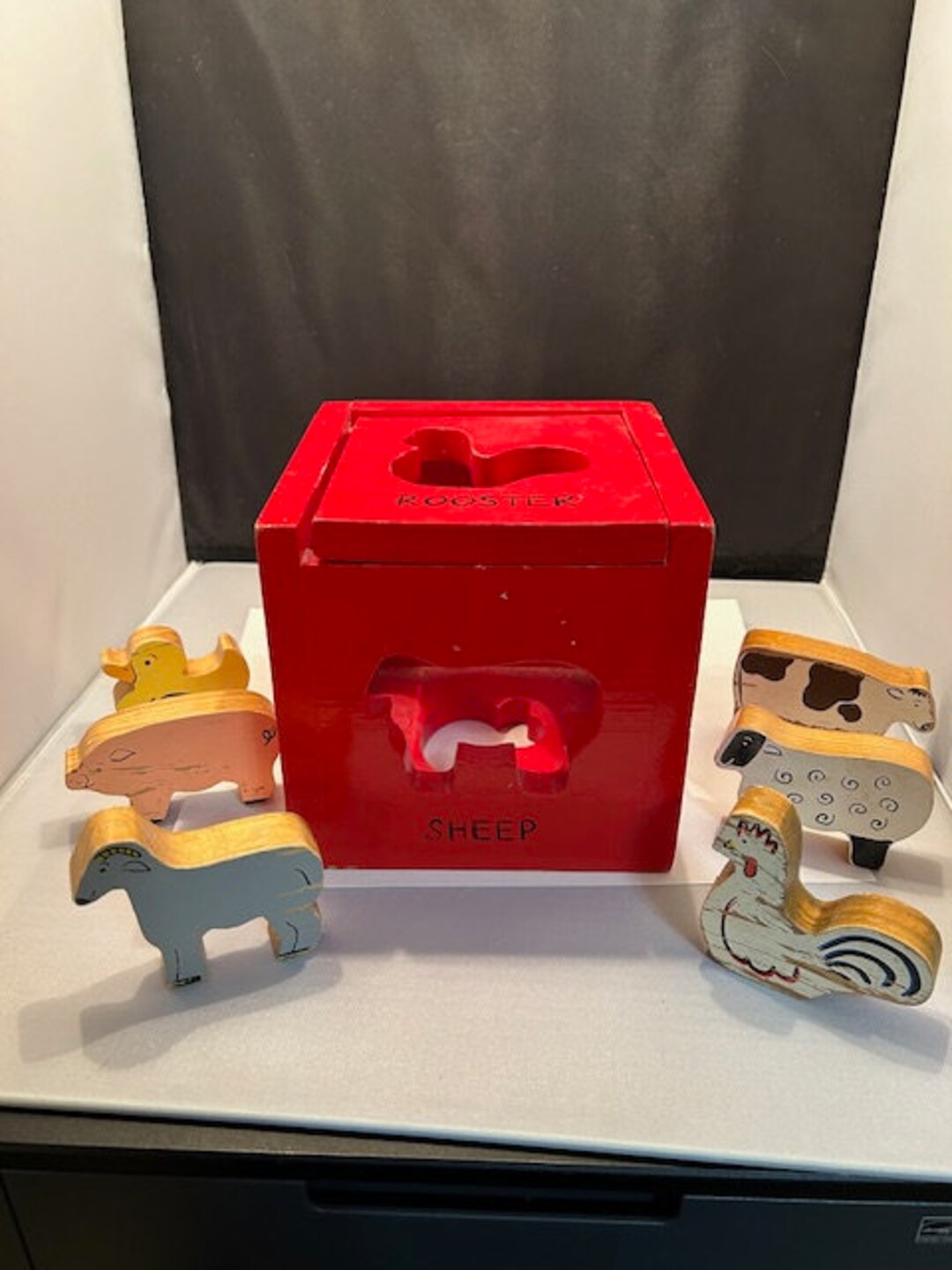 Vintage Wooden Cube Animal Sorter - 6 Shapes - Duck, Sheep, Cow, Pig ...