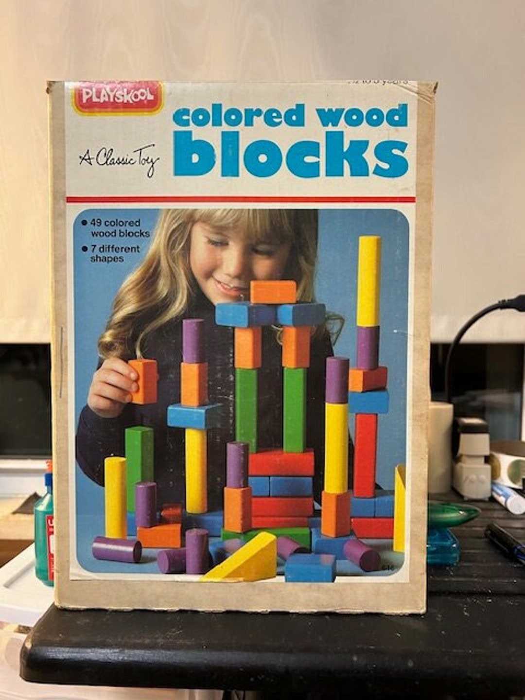 Vintage 1982 Playskool Colored Wood Blocks Set of 49 in Box With Extra ...