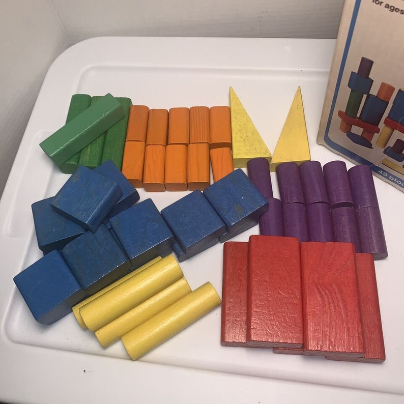 Vintage 1982 Playskool Colored Wood Blocks Set of 49 in Box With Extra ...