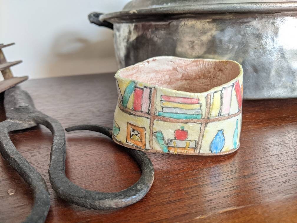 Clay Bangle Bracelet Featuring a Hand Painted Bookcase Scene - Etsy