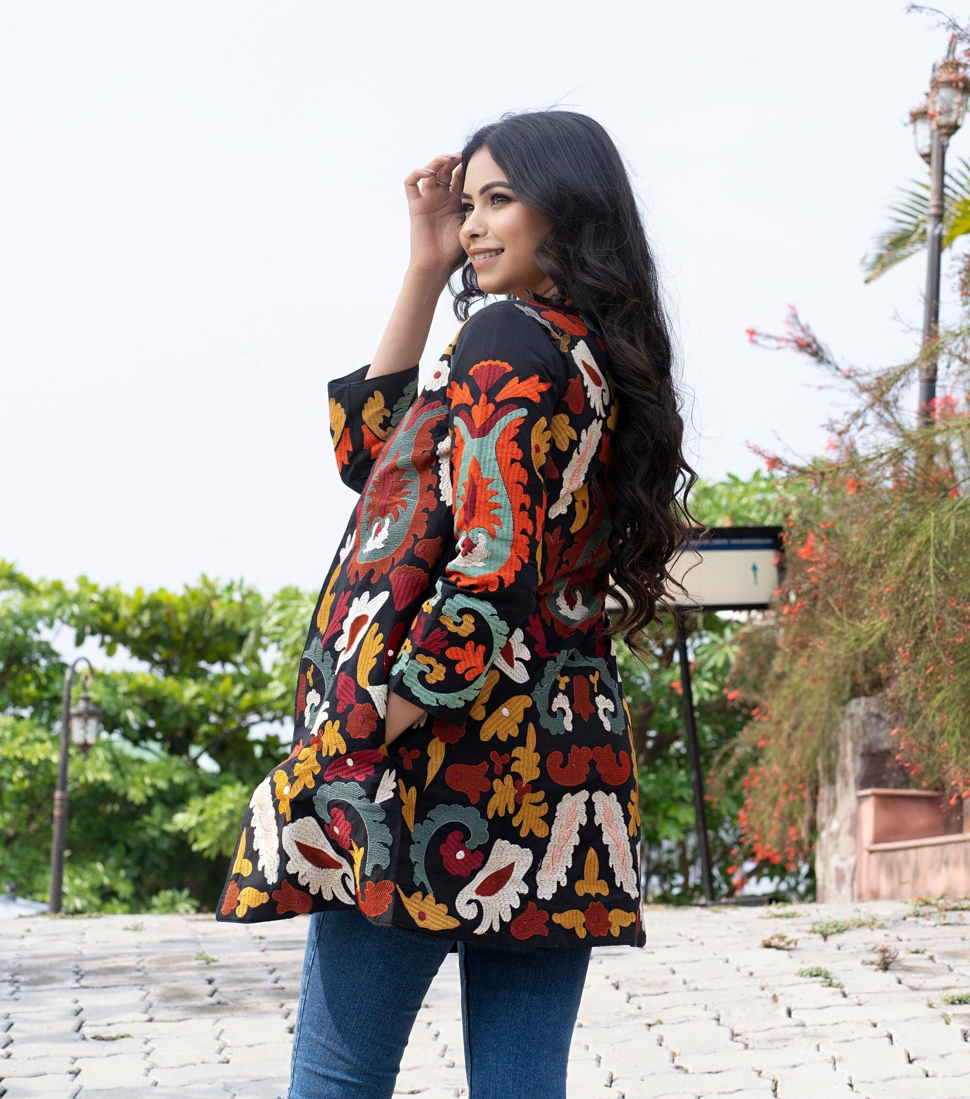 Black Long Coat for Women | Embroidered Ethnic Bohemian Cotton Jacket ...