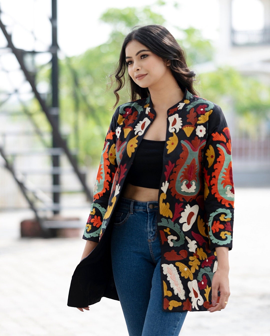 Black Long Coat for Women | Embroidered Ethnic Bohemian Cotton Jacket ...