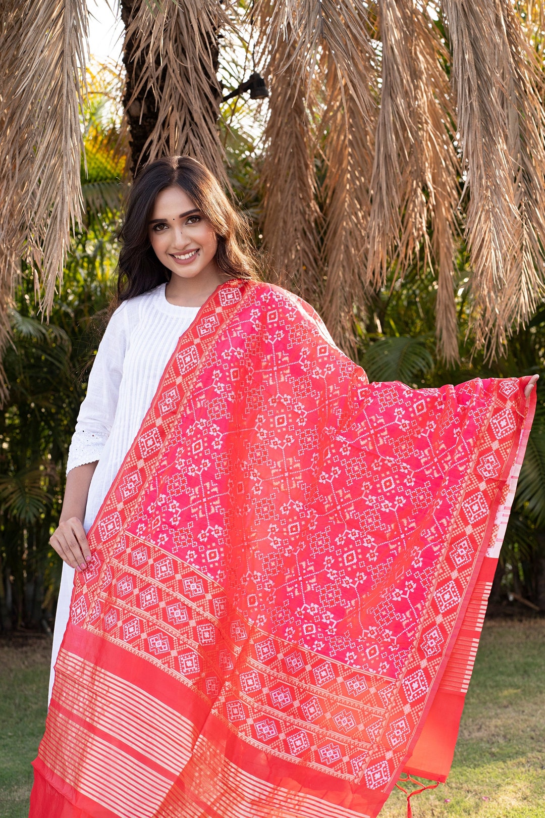 Patola Dupatta With Resham Work & Tassels, Women Silk Blend Ikkat ...
