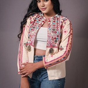 Full Sleeves Bohemian Kutch Cotton Jacket With Mirror Work, Embroidered ...
