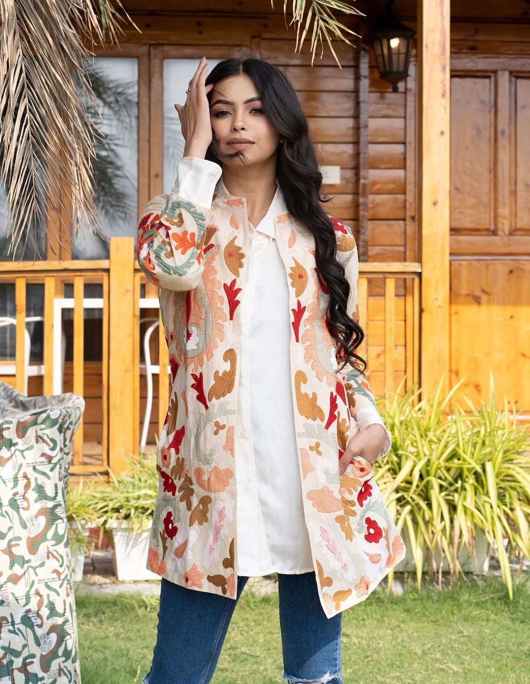 Embroidered Long Coat for Women | Off-white Boho Festival Jacket ...