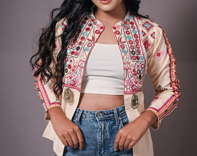 Full Sleeves Bohemian Kutch Cotton Jacket With Mirror Work, Embroidered ...