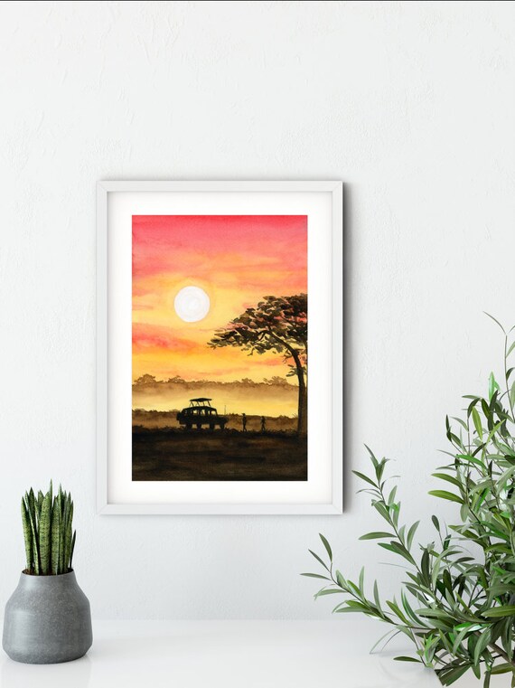 African Safari Sunset WATERCOLOR PAINTING Wall Art 8x12 | Etsy