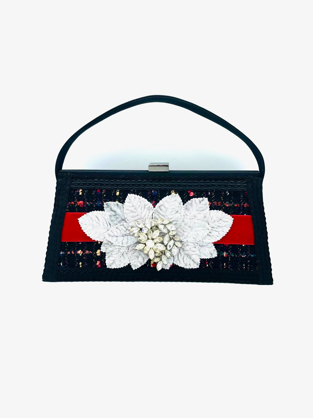 Tweed Fabric - Large Trapezoid Handbag With Vintage Pin | Floral ...