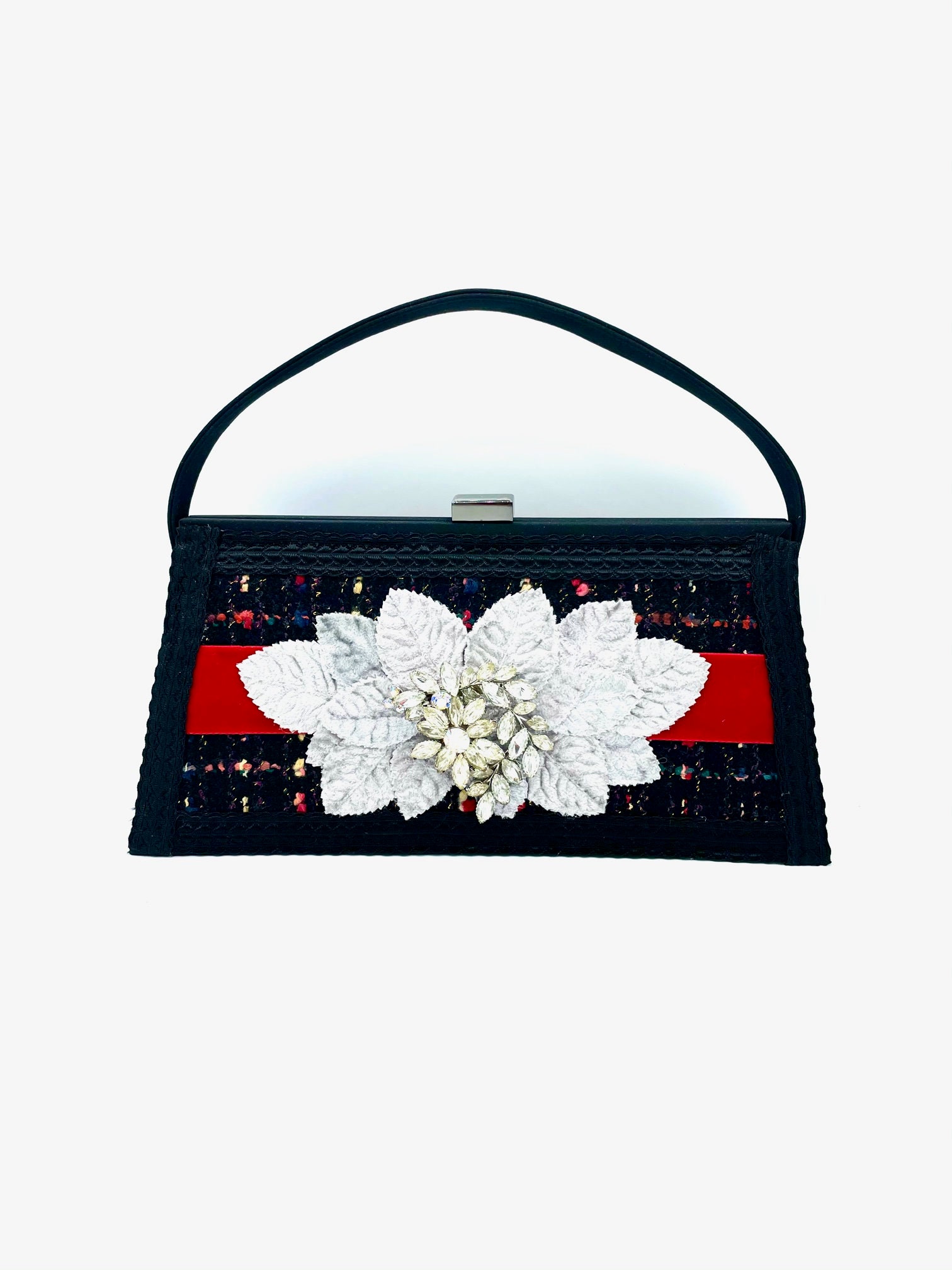 Tweed Fabric Large Trapezoid Handbag With Vintage Pin Floral ...