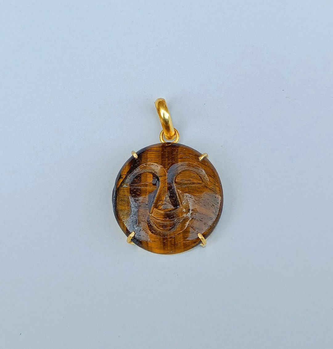 Carved Moon Face Pendant | Natural Tiger Eye Stone Moon Face Pendant ...