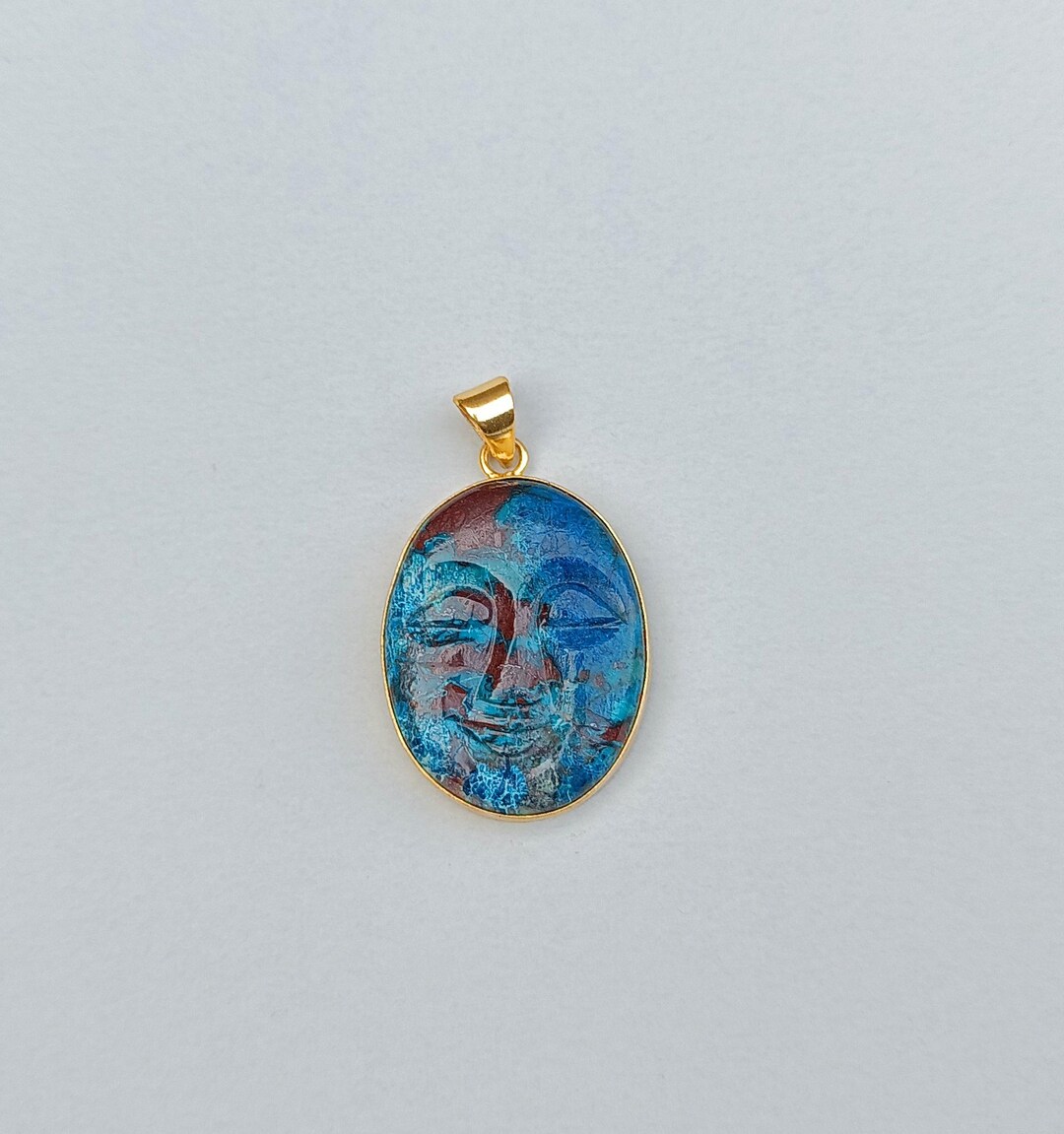 Blue Stone Carving Azurite Face Pendant carved Stone Moon Face Pendant ...