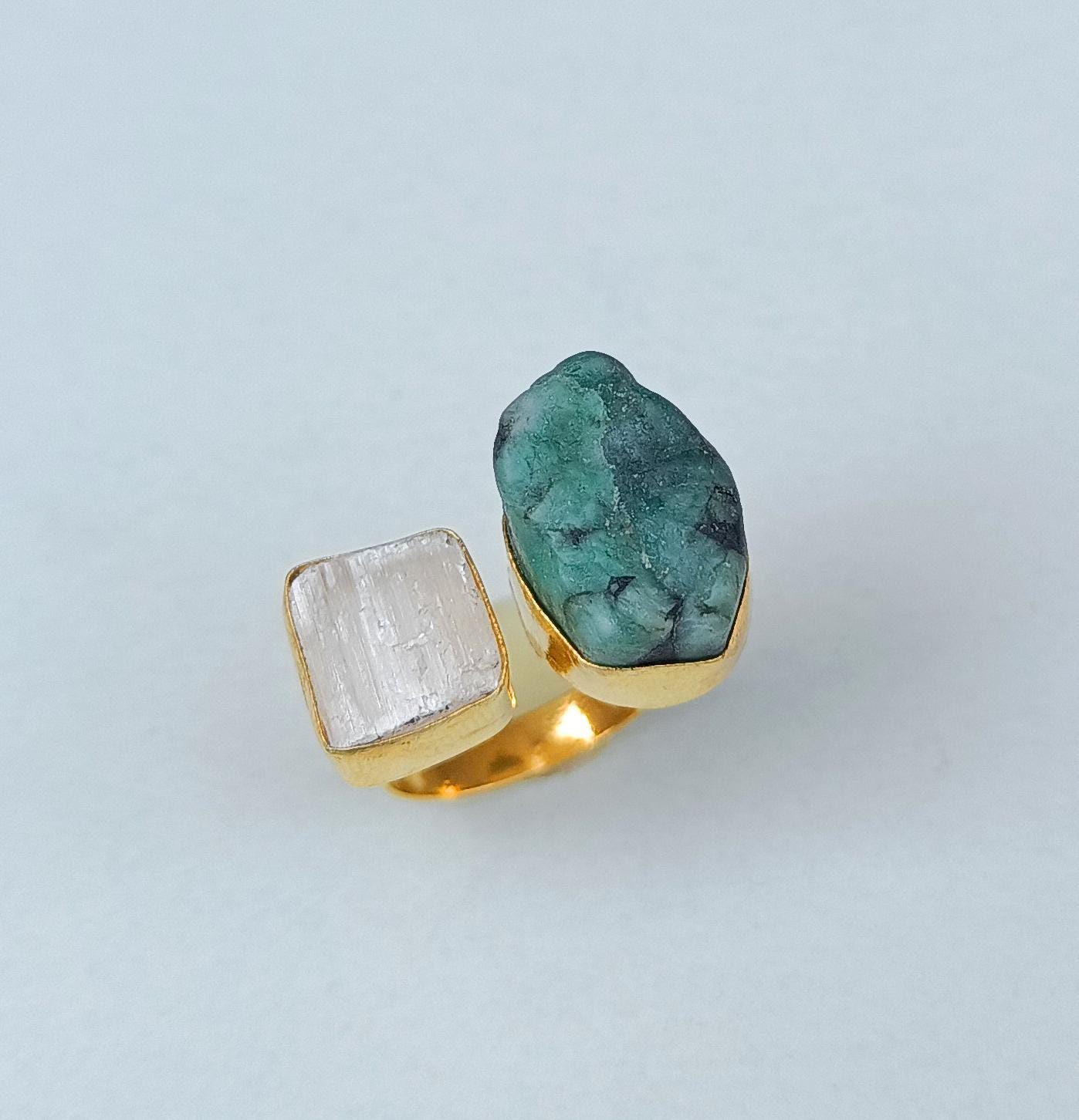 Natural Selenite Emerald Ring | Unique Handmade Stone Ring | Gold Ring ...