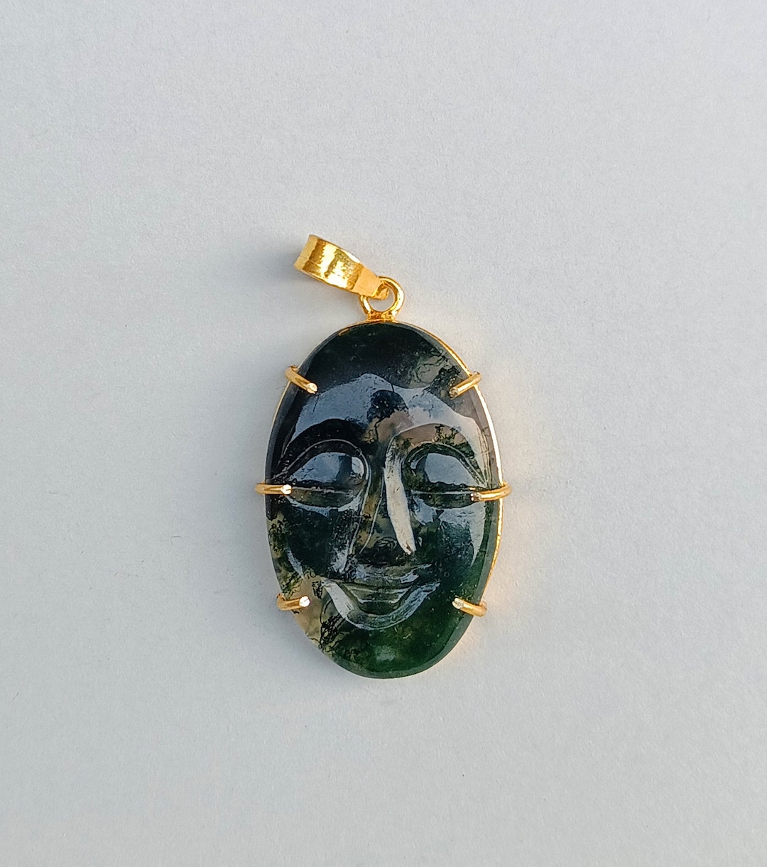 Moss Agate Gemstone Moon Face Pendant Carved Moon Face Pendant Moss ...