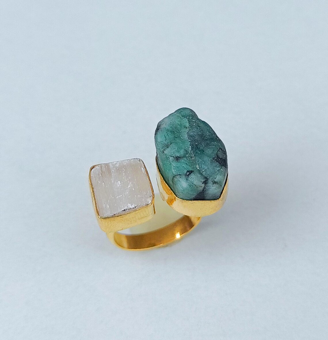 Natural Selenite Emerald Ring | Unique Handmade Stone Ring | Gold Ring ...
