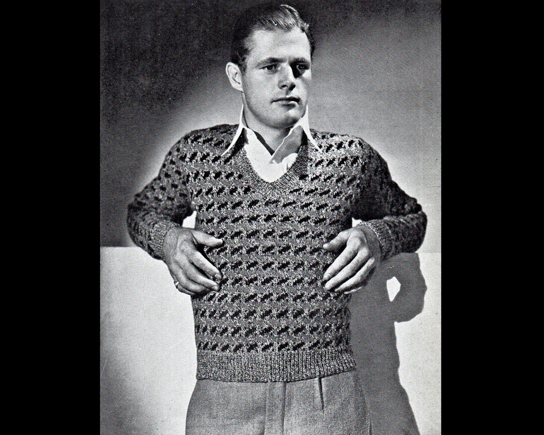1930s Fitted V Neck Weave Knit "penobscot" Sweater/ 1934 Minerva Men's ...