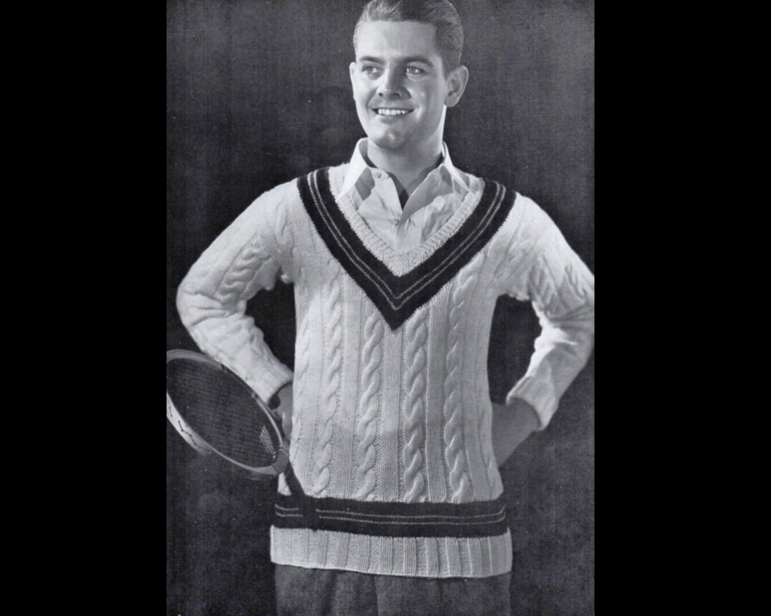1930s "wimbledon" Tennis Sweater Pattern/knitted Cable Stitch V Neck ...