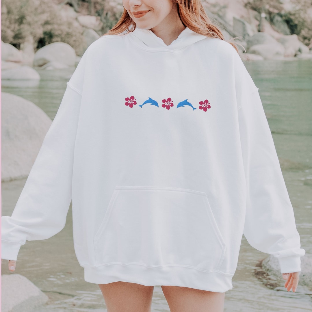 Dolphin Sweatshirt Hibiscus Flower Hoodie Embroidered Beachy Hoodie ...