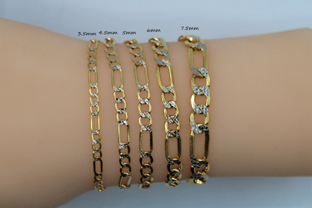 10K Two Tone Gold Figaro Bracelets , 10kt Gold Bracelet, Real Gold Bracelet 3.5mm, 4.5mm, 5mm ...