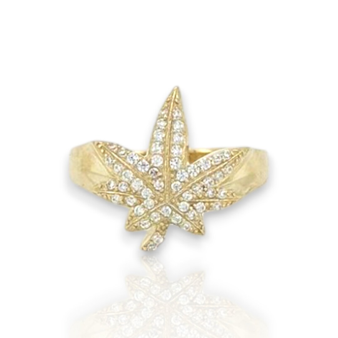 Marijuana weed Ring CZ 10k Yellow Gold - Etsy