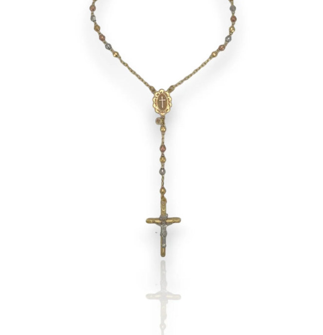Diamond-cut Cross Rosary Crucifix Chain Necklace 10K Tri-color Gold - Etsy