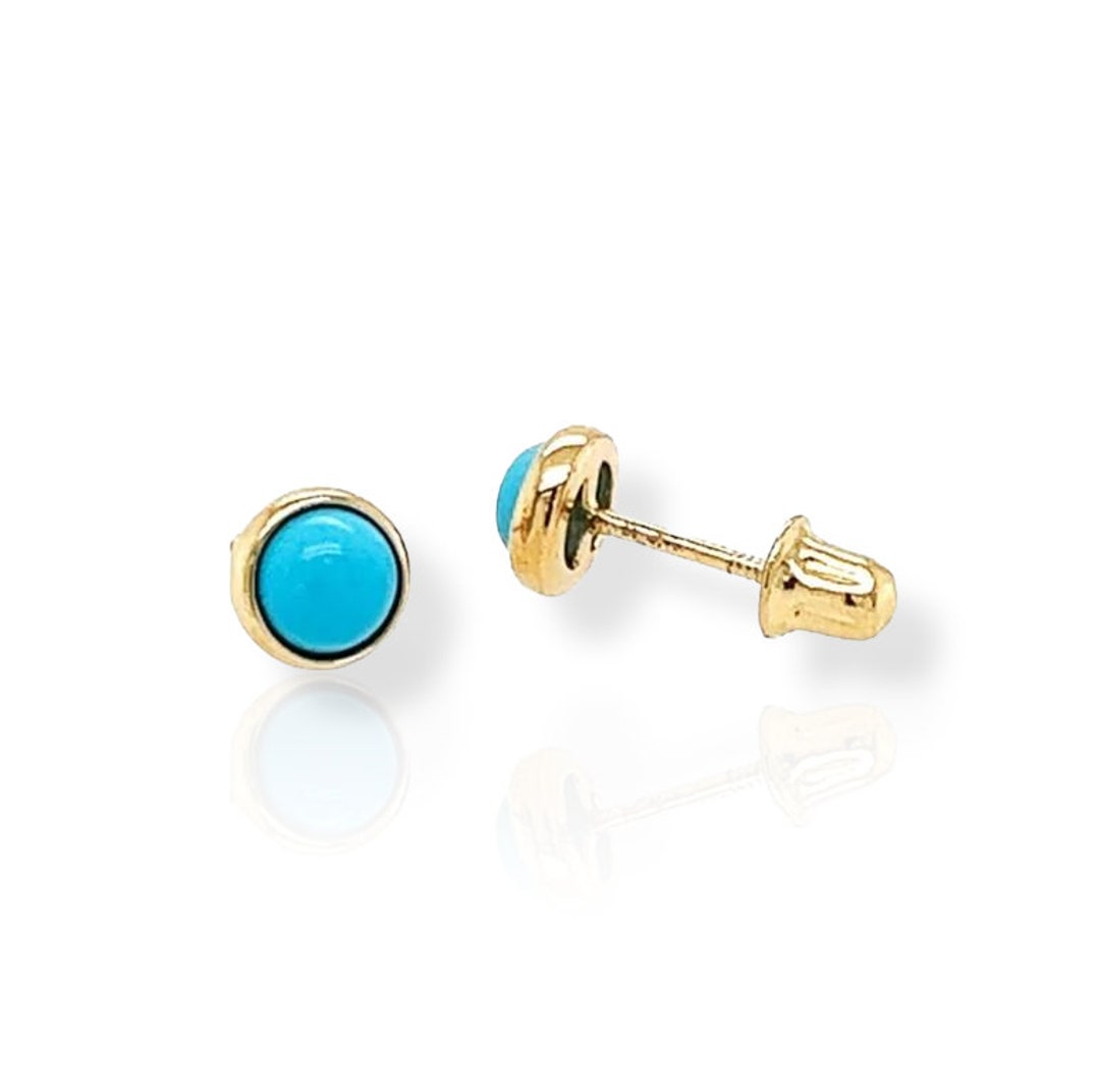 14K Solid Gold Round Turquoise Bezel Stud Earrings With Screw Back ...