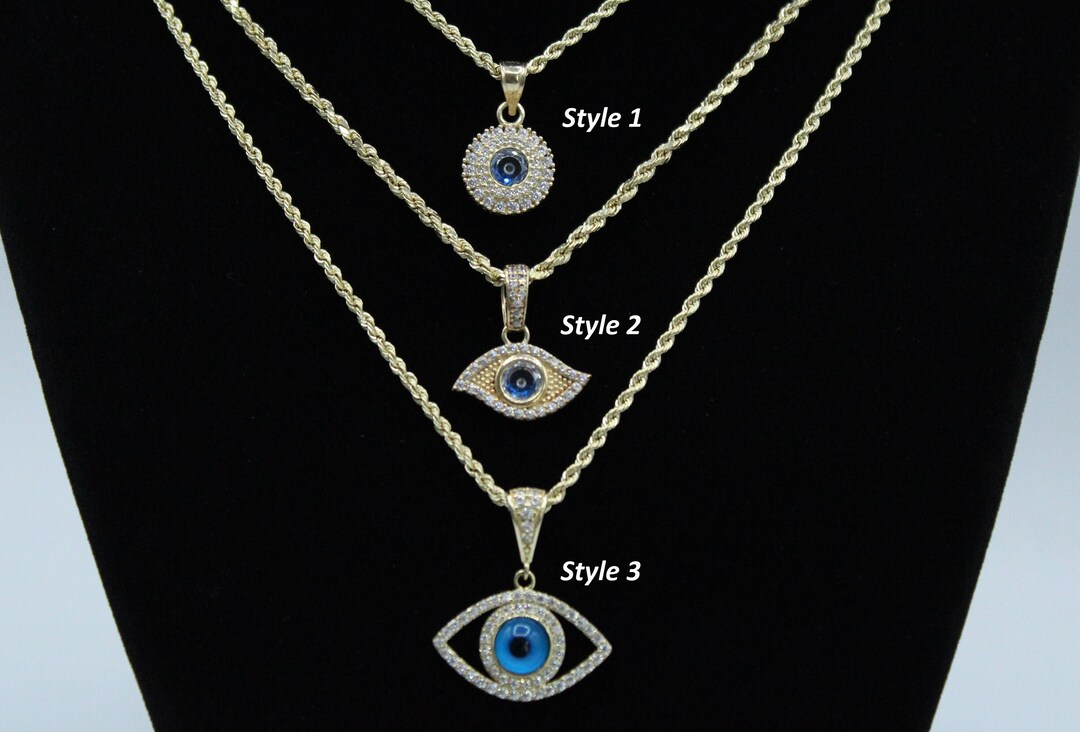 10k Yellow Gold With Blue Cubic Zirconia Evil Eye Charm Necklace ...