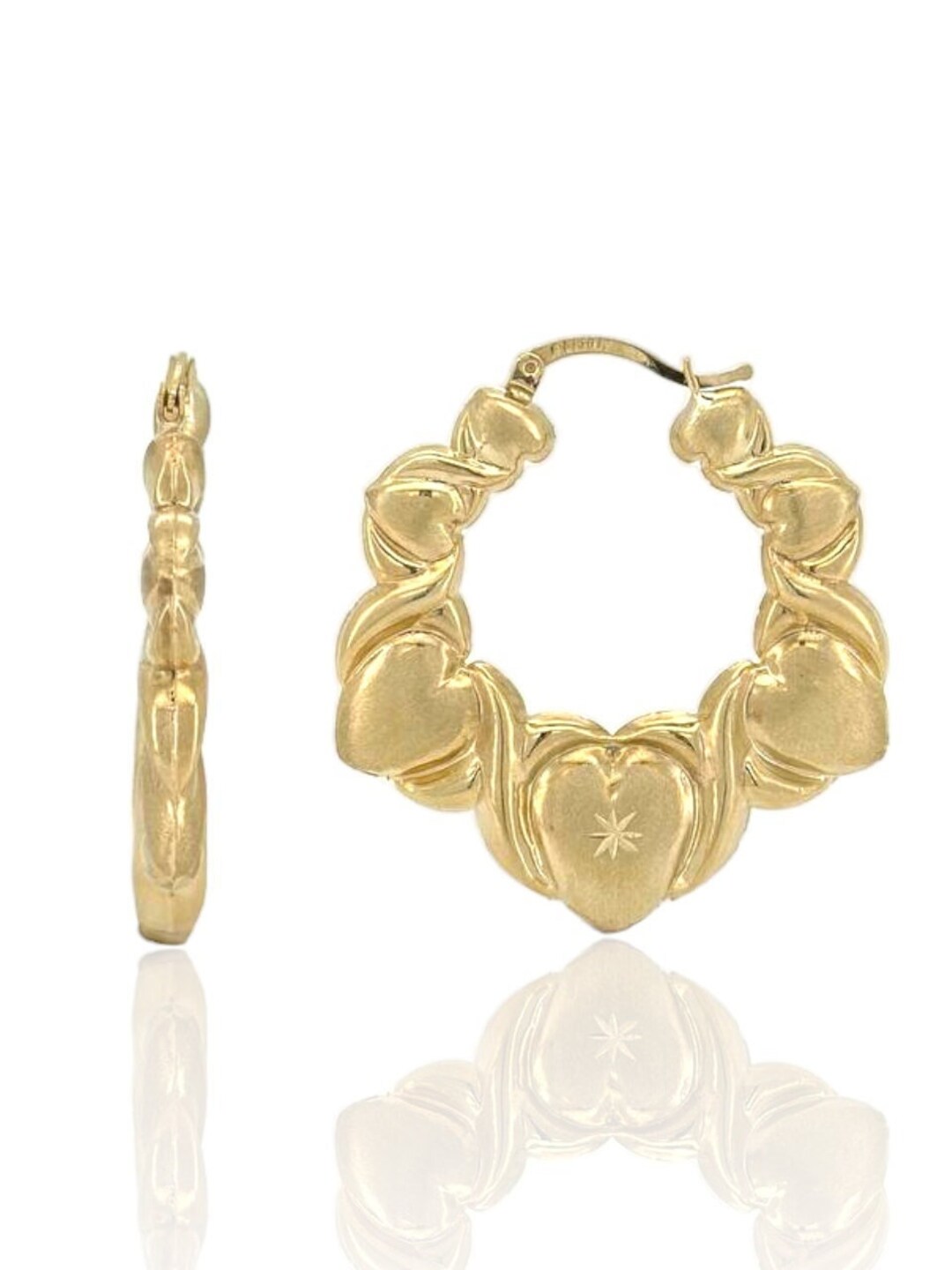 10K Gold Diamond Cut Graduated Heart Hoop Earrings Real 10K Satin ...