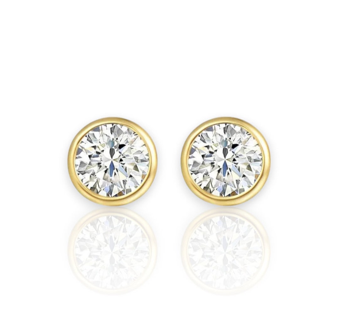 14K Yellow/white Gold Round Bezel Earrings Set With Triple A CZ or ...