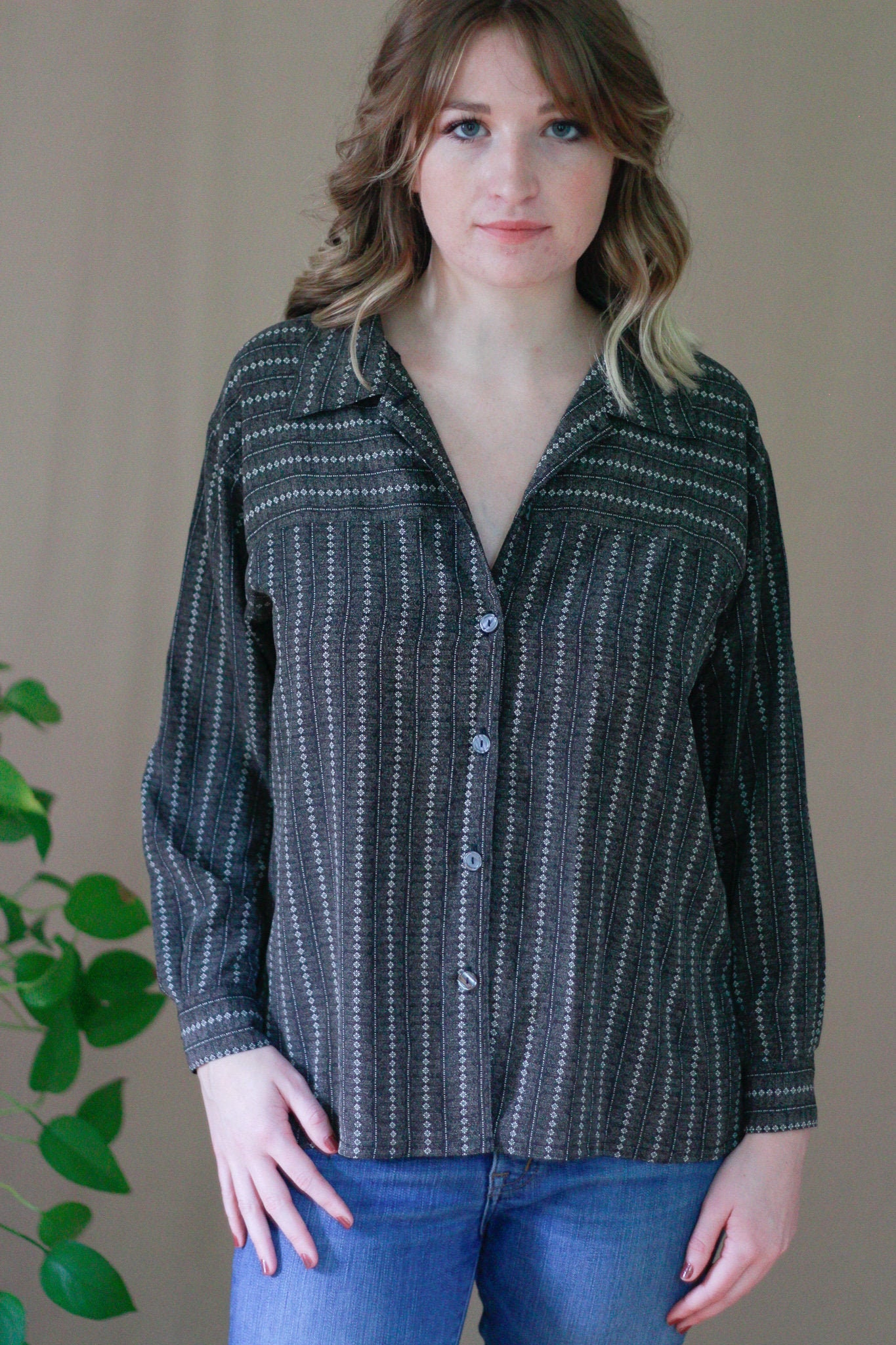 Vintage Print Button-up Blouse, Women's Grey Floral Striped Top - Etsy