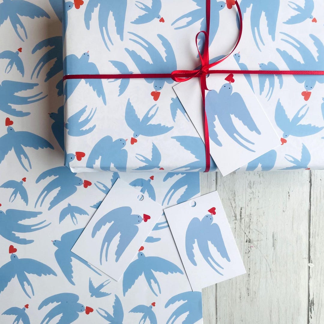 Blue Love Bird Wrapping Paper: Folk Art Swallow Pattern - Etsy