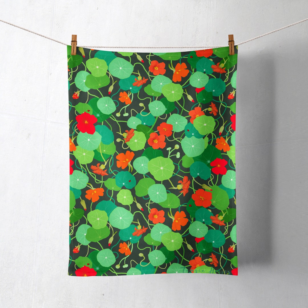 Nasturtium Tea Towel - Botanical Pattern Tea Towel - Floral Pattern - Etsy