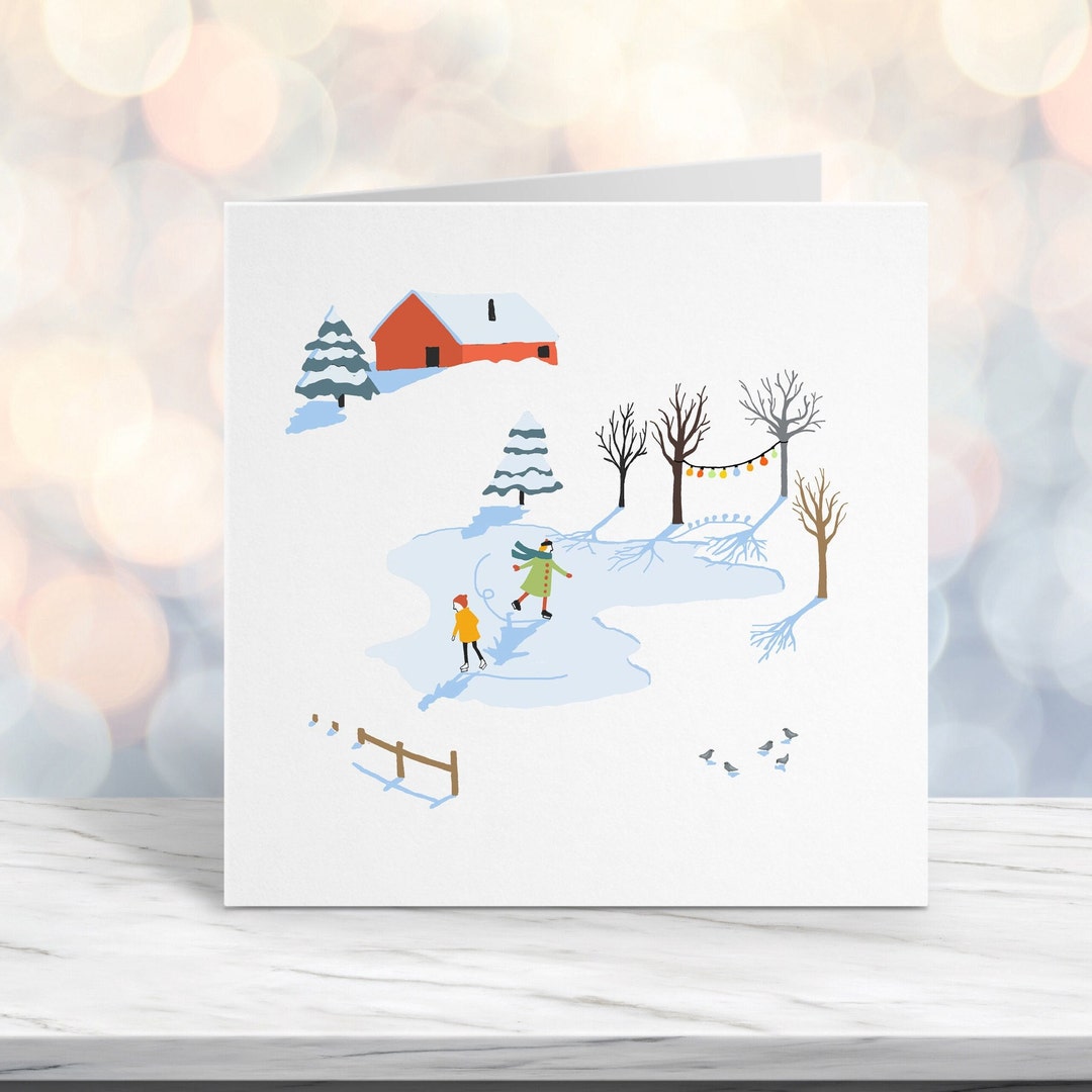 Ice Skaters Card - Snowy Christmas Card- Minimalist Christmas Card- - Etsy
