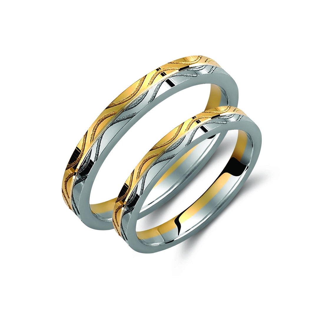 Two-tone Wedding Band, 3mm Wedding Bands Set, Matching Rings, Engrave ...