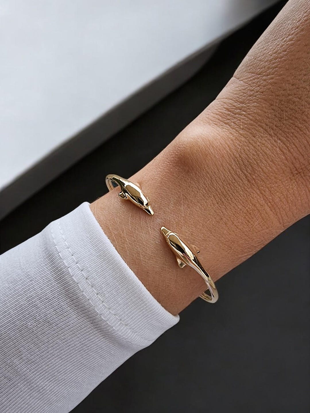 Dolphin Bracelet, 14K Solid Gold Bangle, Dolphin Lovers Bracelet ...