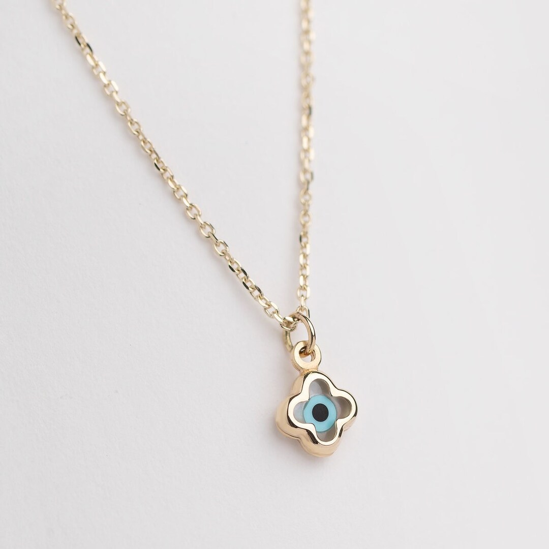 14k Gold Clover Evil Eye Necklace: Mother of Pearl Charm - Etsy