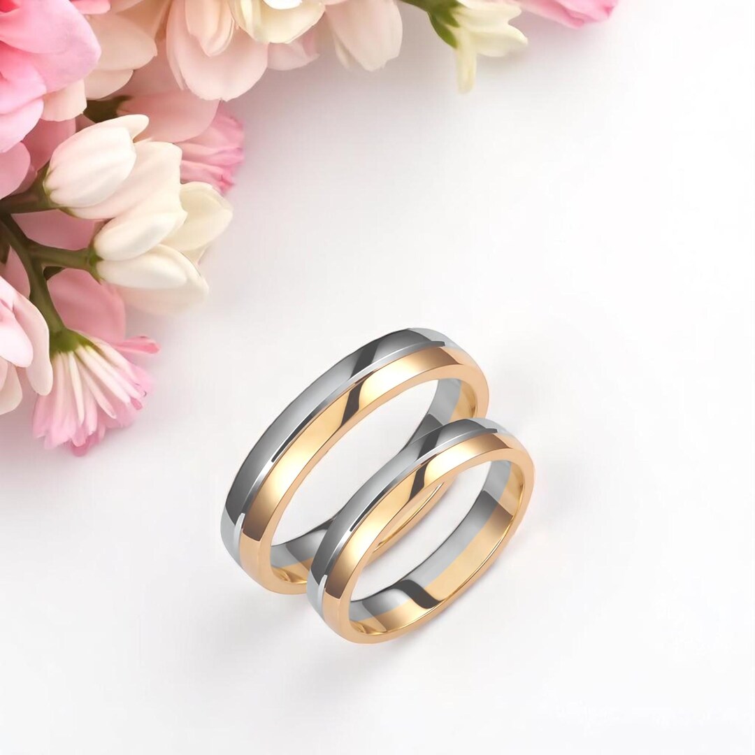 Two-tone 14k Gold Wedding Bands: Matching Couple Rings, Custom Engraved ...