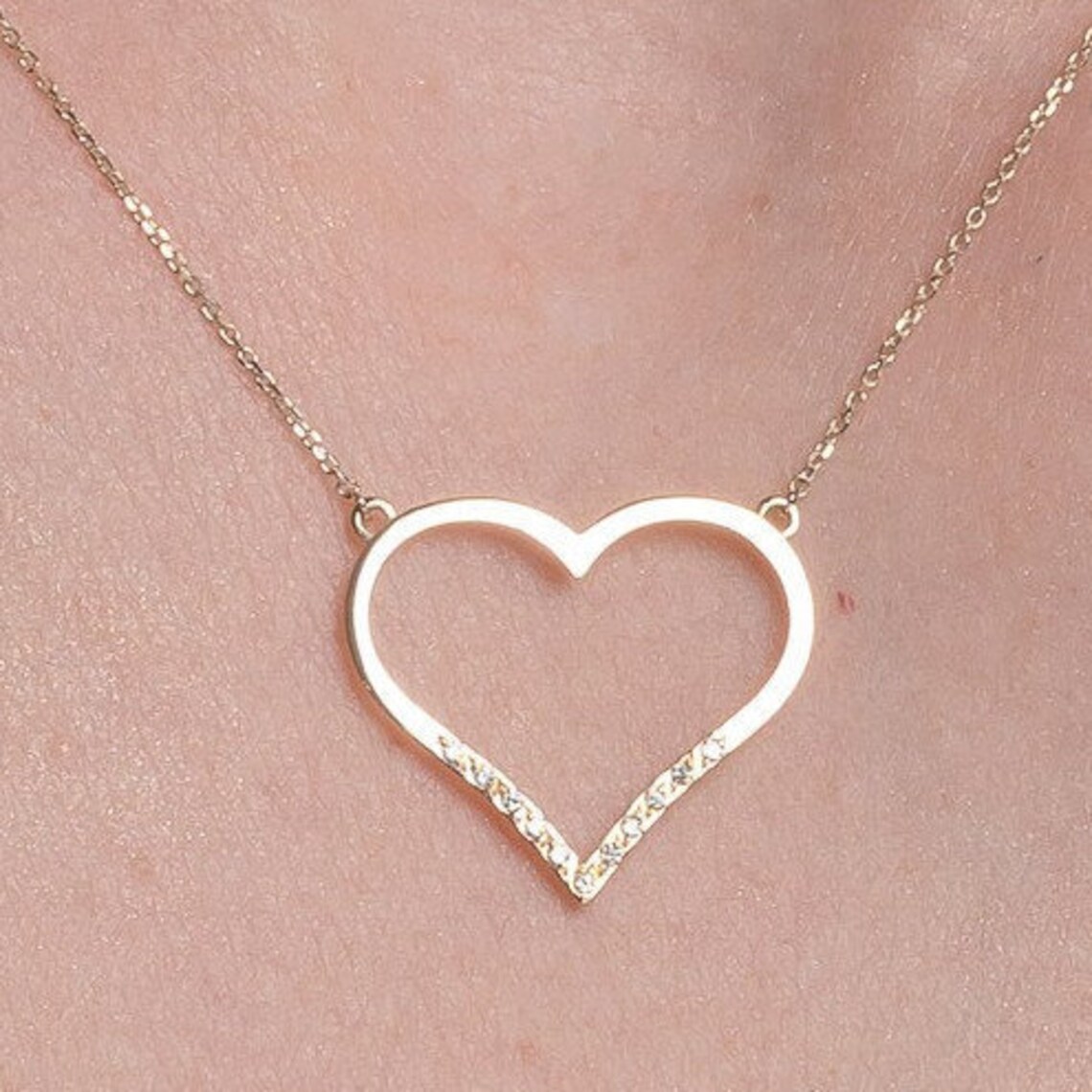 Large Heart Open Heart Necklace CZ Necklace 14K Gold Heart | Etsy